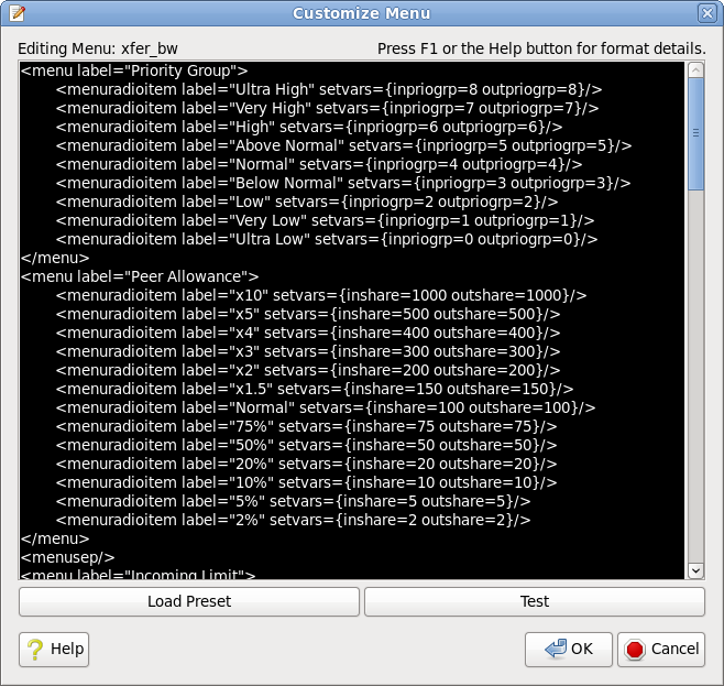 Bandwidth Customize Menu Tixati